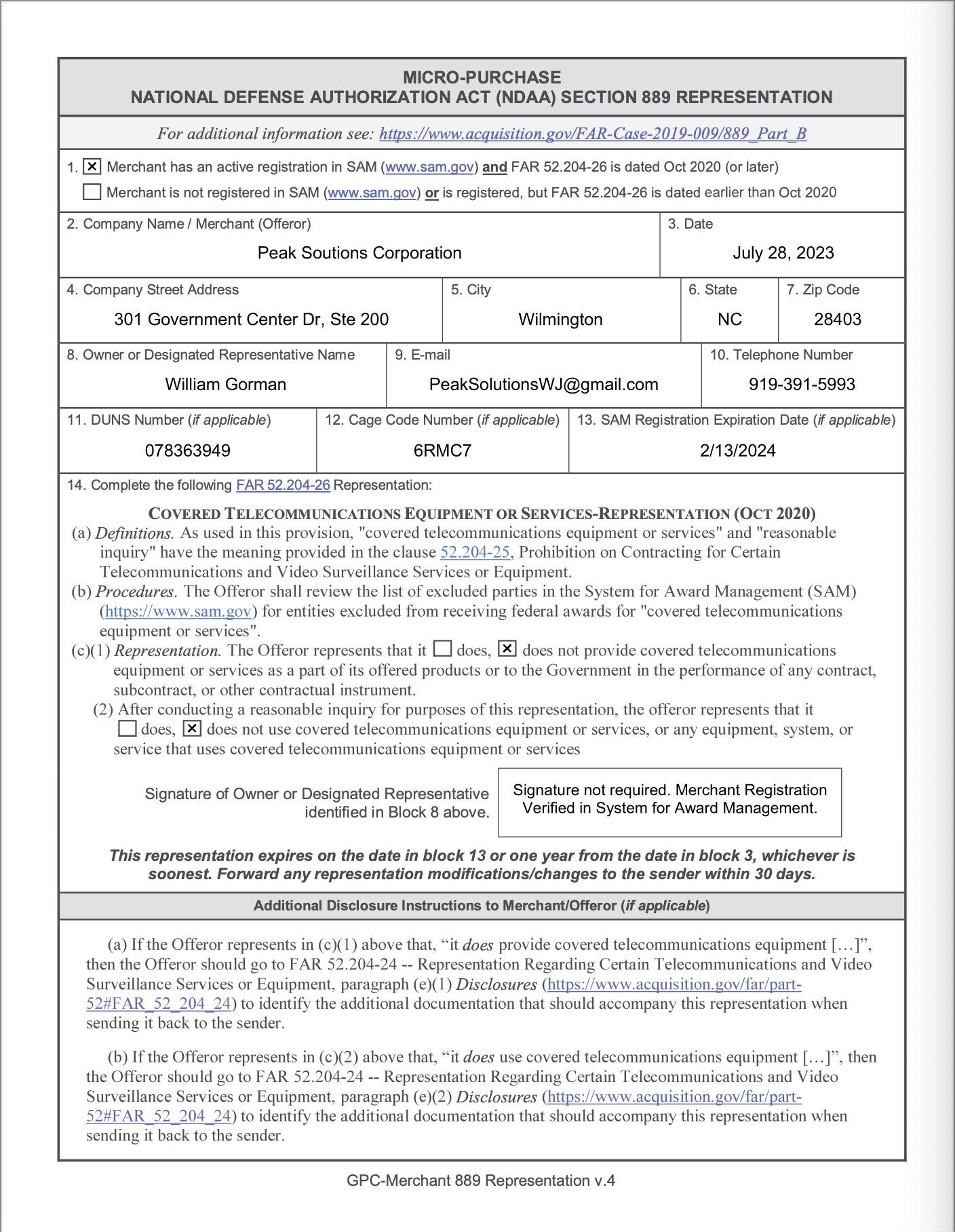 Peak Solutions FORM 899 MICRO PURCHASE NATIONAL DEFENSE